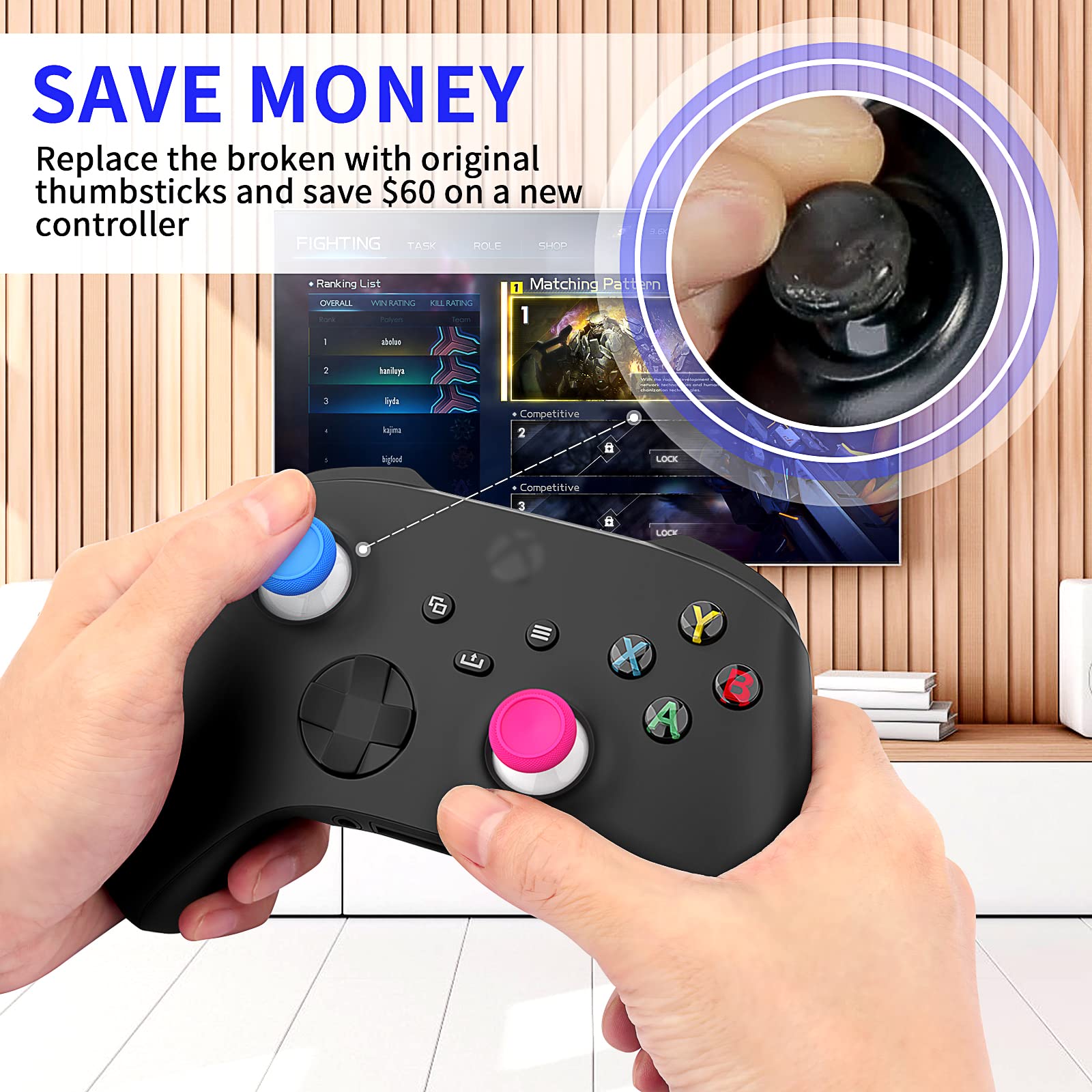 True Rubberized Original Joysticks Replacement for Xbox / PS4 Controller, Thumbsticks for Xbox One, Series X/S Controller (4 Pcs)(Pink and Blue)