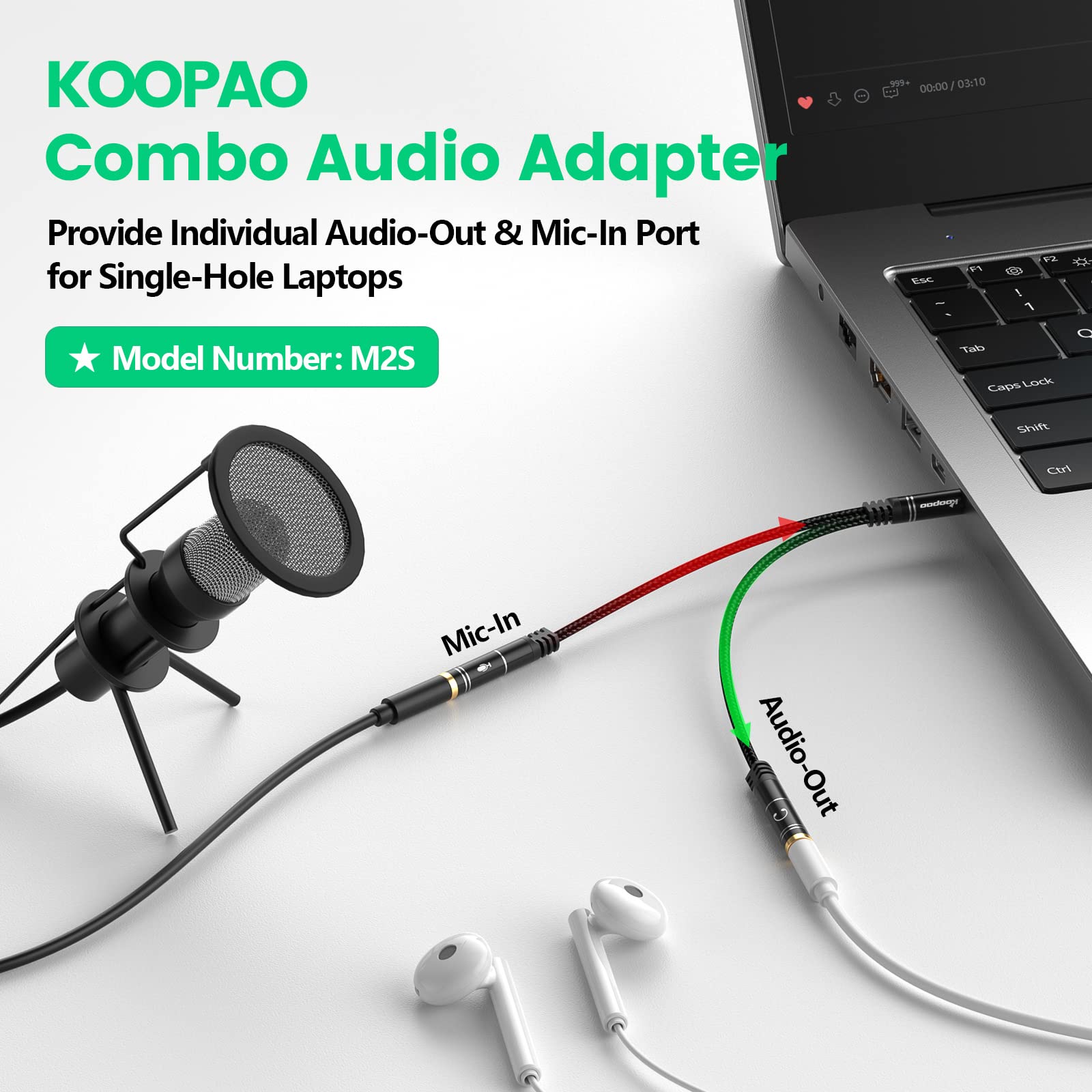 KOOPAO 3.5mm Mic and Headphone TRRS Splitter, Microphone and Audio Combo Headset Adapter, Compatible with PS4, PS5, Xbox One S, Nintendo Switch, Cellphone, Laptop, PC, Dual Jack Headsets, (Braided)