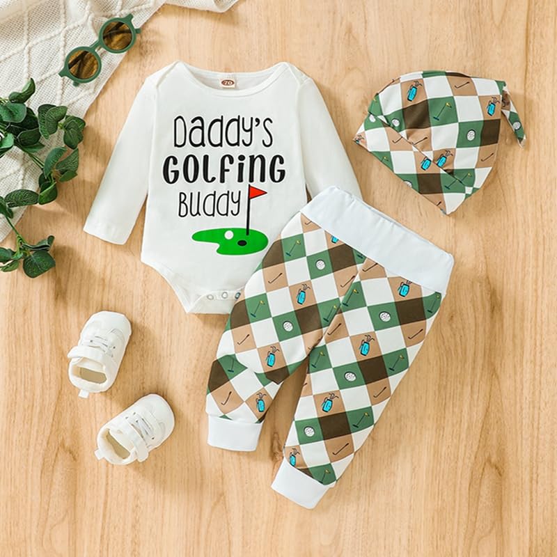 LXXIASHI Daddy 's Golfing Buddy Onesie Romper Toddler Baby Golf Outfit Long Sleeve Sweatshirt Pants Hat Set 3Pcs Fall Clothes (White, 0-6 Months)