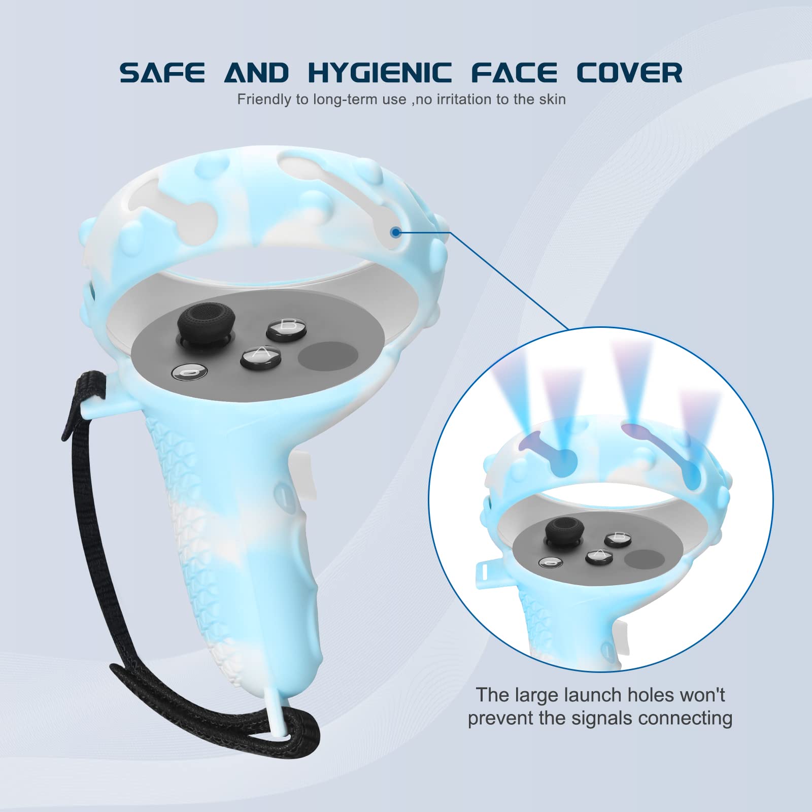 MASiKEN Controller Grips Cover with Face Cover Compatible for Meta Oculus Quest 2, Anti-Throw Grips Cover with Adjustable Wrist Strap and Sweatproof Silicone Face Pad, Quest 2 Accessories Kit (Blue)