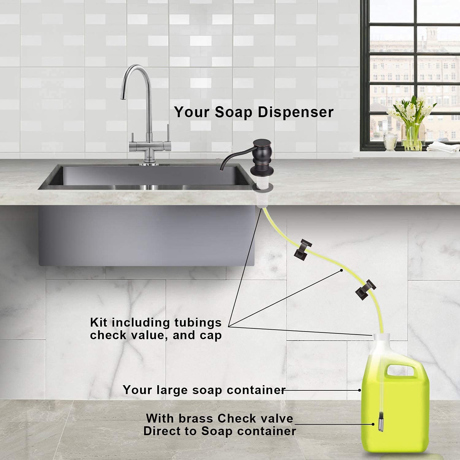 SAMODRA Soap Dispenser for Kitchen Sink, Premium Stainless Steel Pump Head 17 OZ Bottle 3.15 Inch Threaded Tube & Sink Soap Dispenser Extension Tube Kit 39" with Metal Check Valve,Upgraded Check Valve