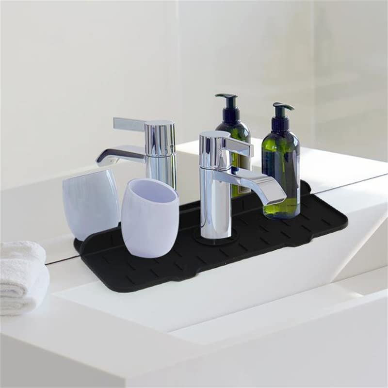 Silicone Sink Splash Guard with Dish Soap Sponge Holder, Bathroom Faucet Water Catcher Mat, Absorbent Drain Drying Pad, Mat Self Draining Drip Catcher, Black, 14.6 x 5.5 x 4.3, (J-BLACK)