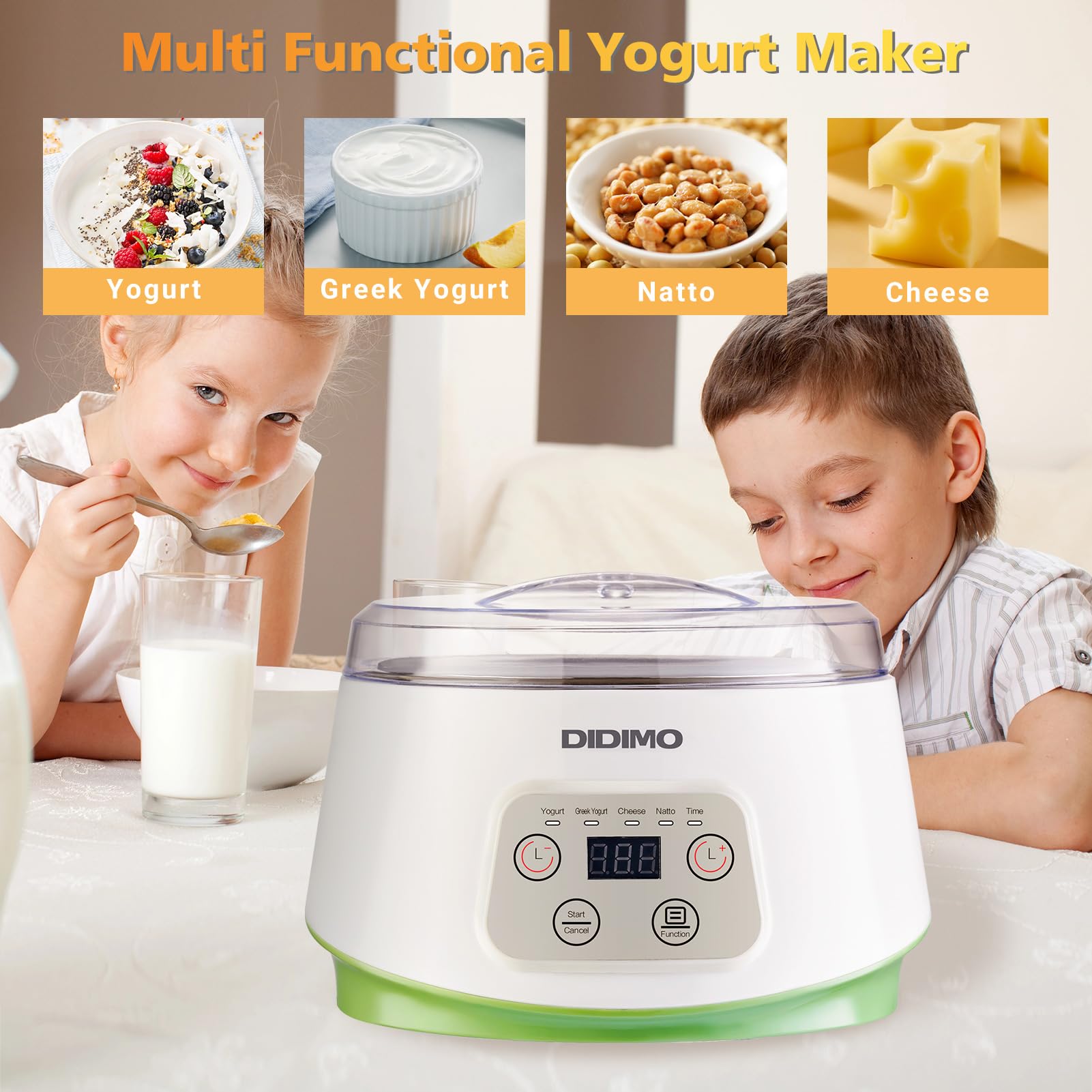 Yogurt Maker, Greek Yogurt Maker with Timer Control and Strainer, Yogurt Maker Machine with Stainless Steel Liner, Electric Portable Yogurt Maker for Yogurt, Greek Yogurt, Cheese, Natto (White)