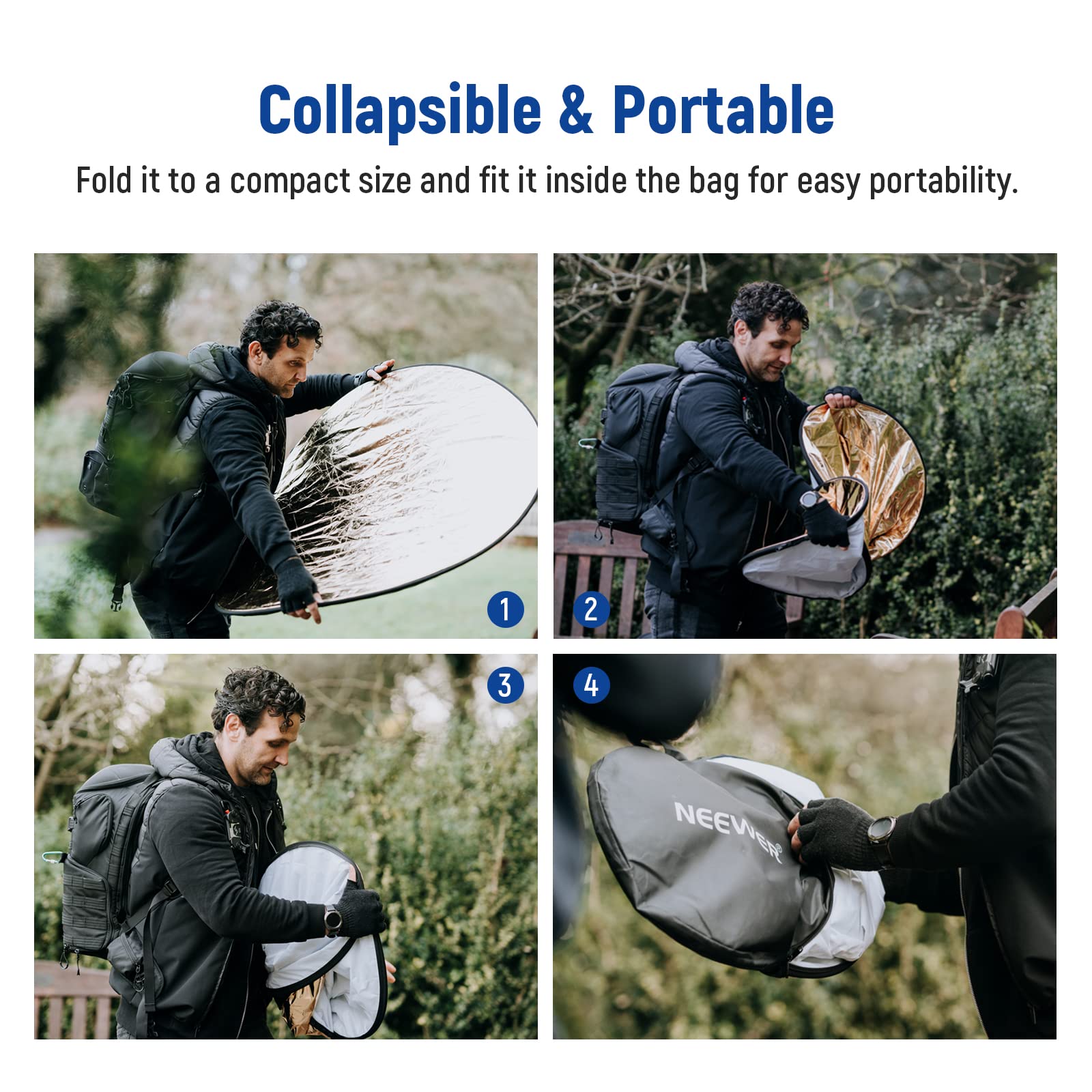 NEEWER 43"/110cm Light Reflector Kit, 5 in 1 Collapsible Round Reflector (Translucent/Silver/Gold/White/Black), Metal Clamp and 21"-43β/53-110cm Short Stand for Low Angle Children Studio Photography