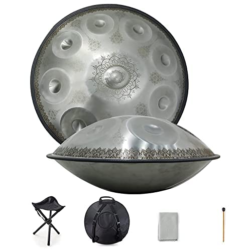 REEKIO HANDPAN, Handpan Drum Instrument in D Minor 9 Notes 22 Inches Steel Hand Drum with Carry Bag, Mallets, Bracket, Note stickers, Wipe Cloth(New Silver)