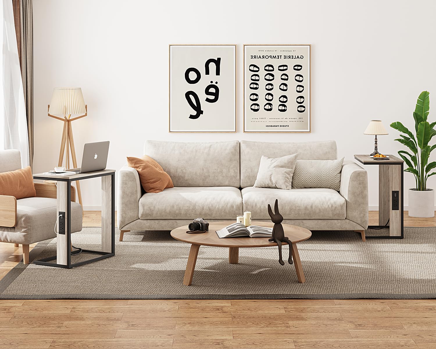 Vagusicc C Shaped End Table with Charging Station, Small Couch Side Table with Outlets and USB Ports for Living Room, Bedroom, Sturdy Slide Under Sofa Table C-Shaped Snack Table with Metal Frame 27 "H