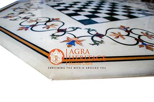 Whtie Marble Chess Dining 51" Table Top Floral Marquetry Arts Playroom Decor Gift For Chess Player