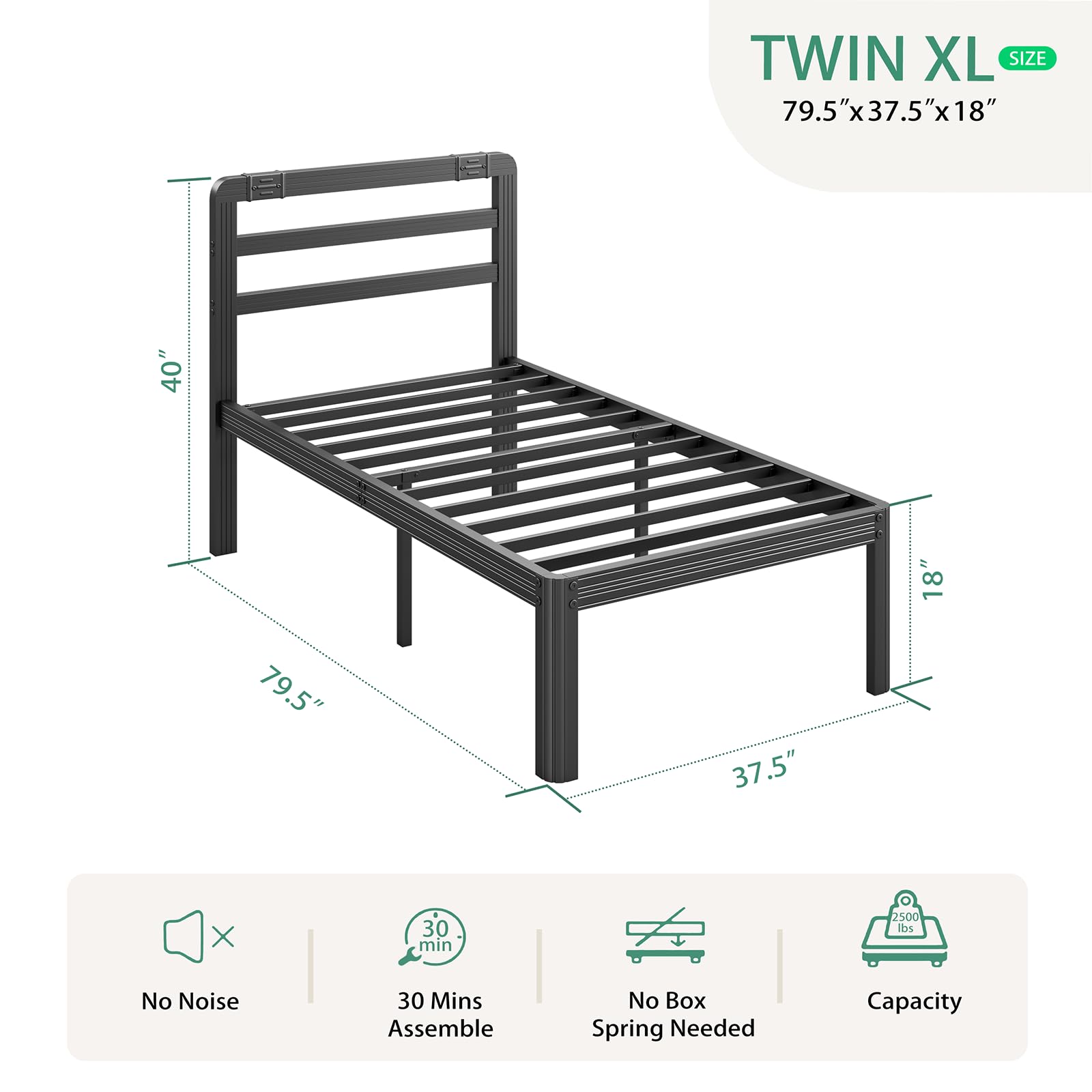 Woozuro Twin Xl Bed Frames with Headboard,18 Inch High Twin Xl Bedframe with Round Corner Leg, Sturdy Noise-Free Metal Frame No Box Spring Needed, 2500 Lbs Weight Heavy Duty Slats Support for Mattress