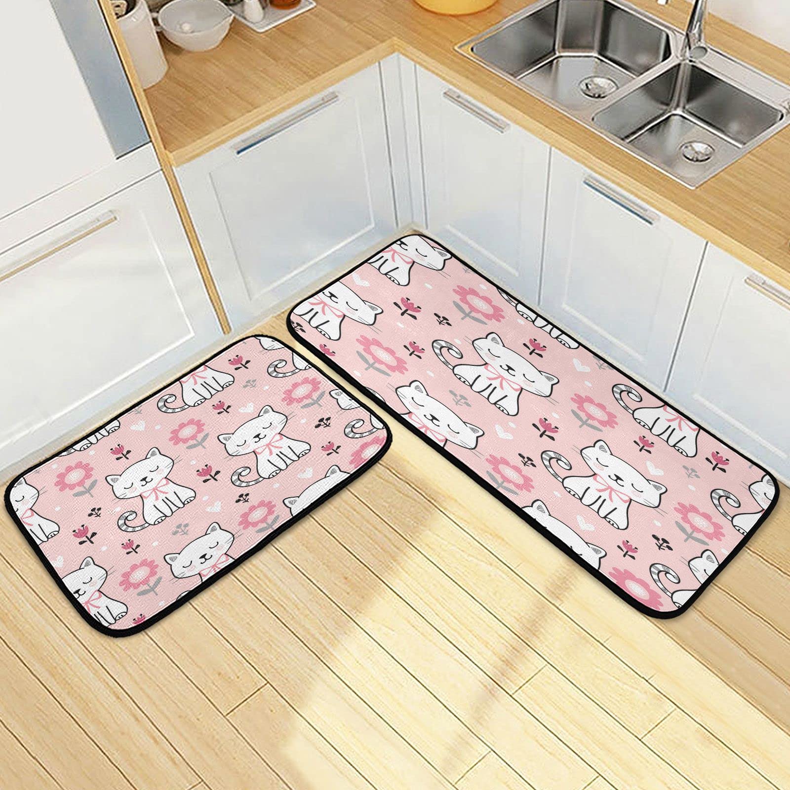Pink Cat Flower Kitchen Rug Mats 2PCS Non Slip 47" x 20" + 28" x 20" Kitchen Carpet Floor Mat Hallway Rugs Anti Fatigue Doormat