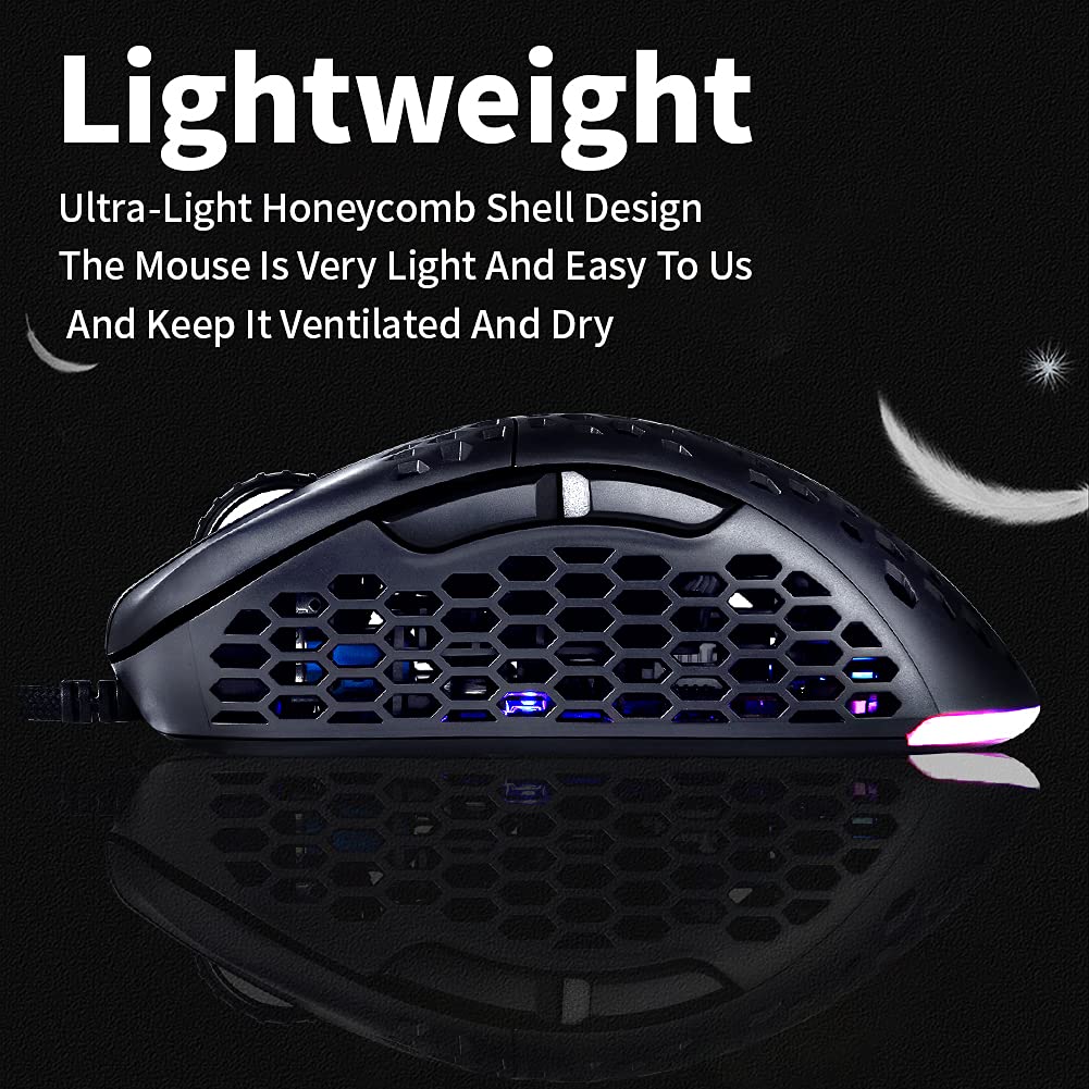 Lightweight Gaming Mouse, Honeycomb Design RGB Backlit Support Custom Buttons Maximum Support 12000DPI (Black)
