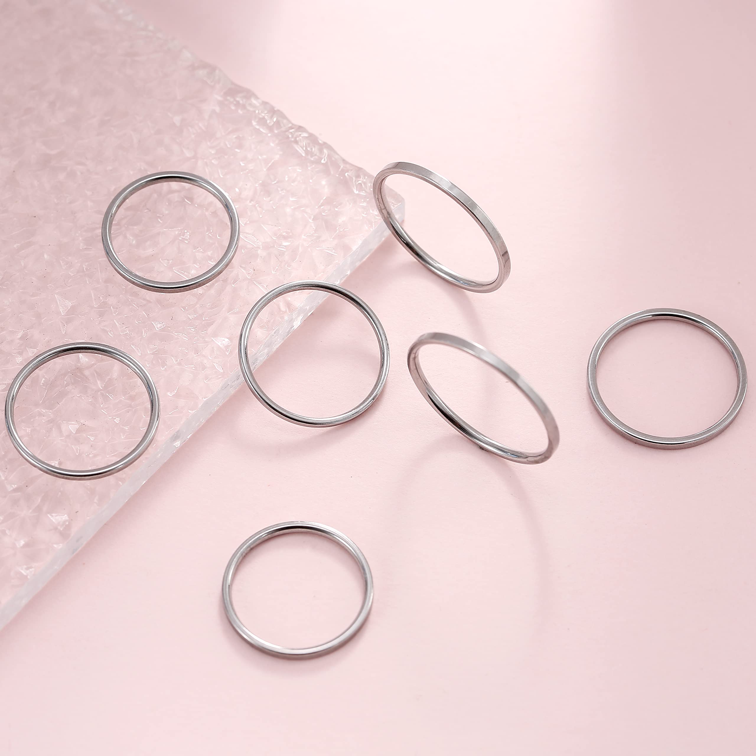 PLOMFOV Stainless Steel Rings for Women 1.5MM Thin Gold Rose Silver Knuckle Ring Stacking Midi Rings Comfort Fit Plain Band Rings for Women Flat Shape Surface Rings(Silver+Gold)