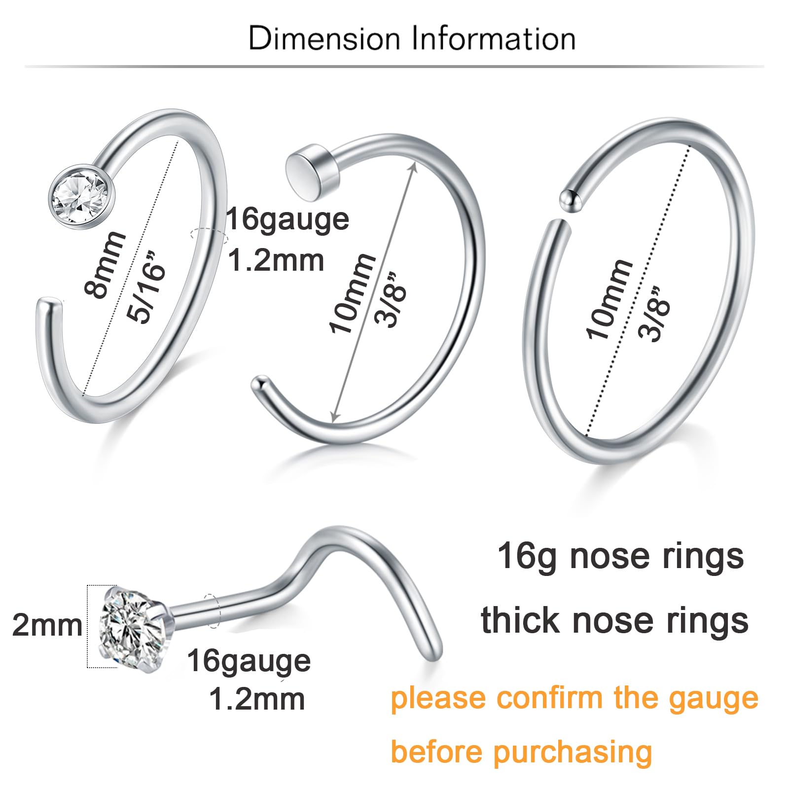 MODRSA Nose Rings 16gauge L Shape Nose Studs Nose Screw Surgical Stainless Steel Thick C Shape Nose Ring Hoop High Nostril Nose Piercing Jewelry for Women Men