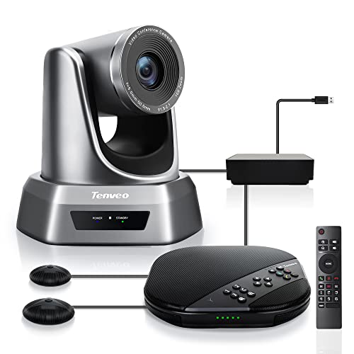 Tenveo All-in-One Video and Audio Conference Room Camera System 10X Optical Zoom USB PTZ with Bluetooth Speakerphone Expansion Microphones for Large Remote Meeting Work with Zoom Skype