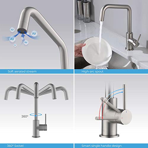 KIBI Macon Single Handle Bar Faucet or Prep Kitchen Sink Faucet | Solid Brass High Arc Faucet Spout | Sink Faucet with 360 Degree Swivel Spout (Brushed Nickel) (KKF2012) (Soap Dispenser included)