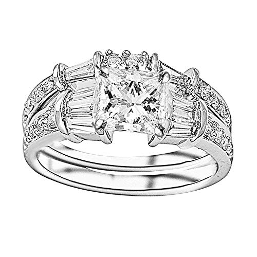 Platinum 3.25 Carat LAB GROWN IGI CERTIFIED DIAMOND Baguette And Round Brilliant Princess Cut Diamond Engagement Ring and Wedding Band Set (H-I Color VS1-VS2 Clarity 2.5 Ct Center)