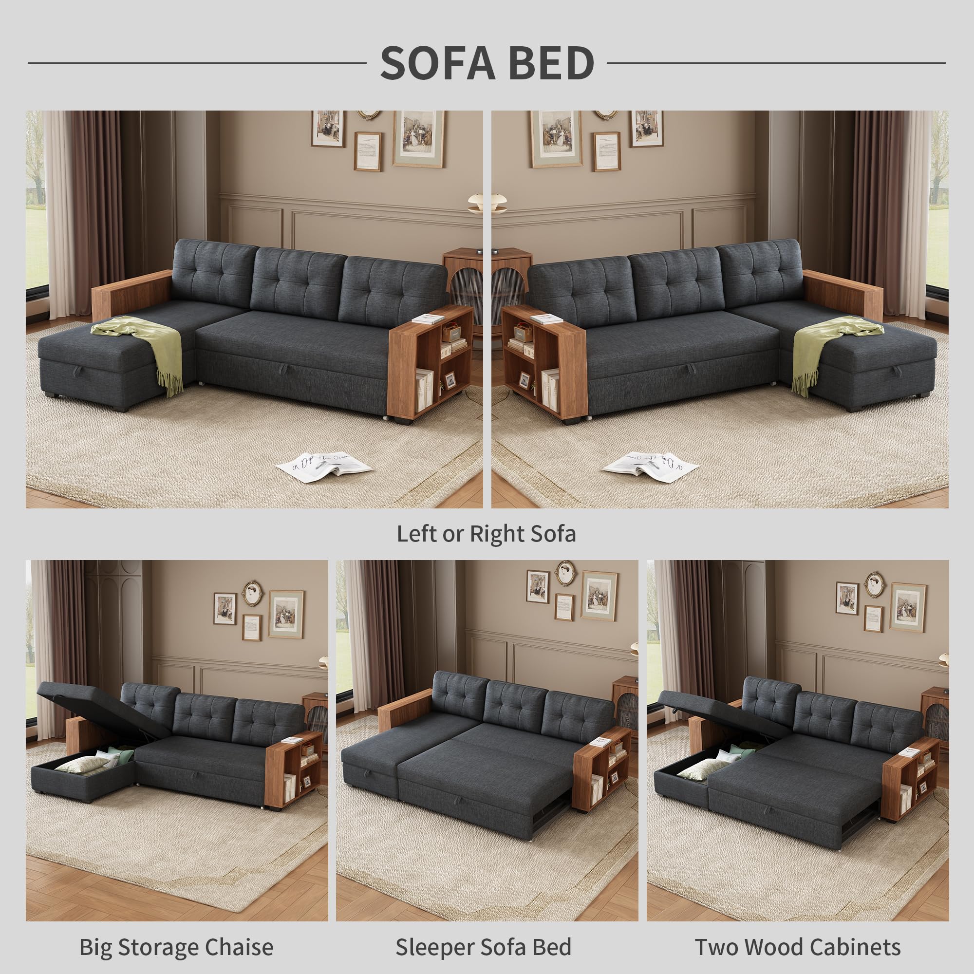YOPTO 84" Convertible Sectional Couch with Pull Out Bed and Storage Chaise,L Shaped Sleeper Sofa W/Wood Cabinet Armrests&Removable Back Cushions,Living Room Furniture for Home,Office,Dark Grey