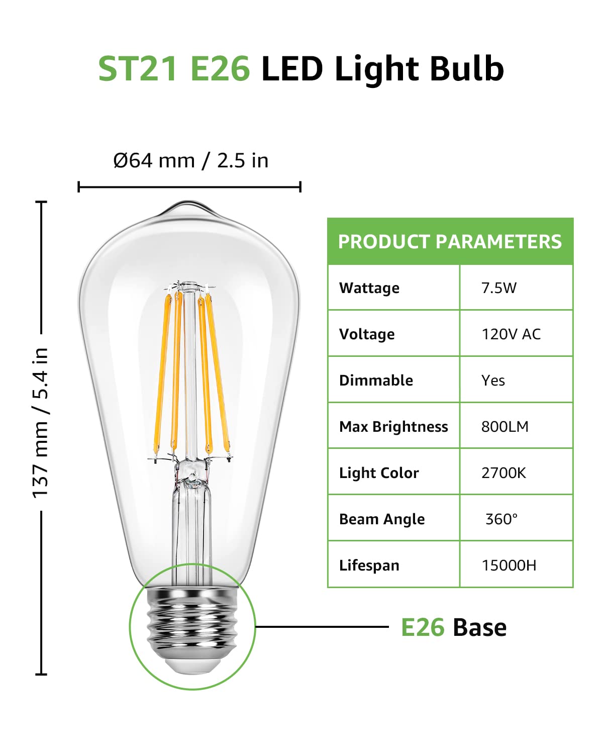 Lepro Dimmable Edison Bulbs 60 Watt Equivalent LED Bulb, Filament Vintage Light Bulbs, 2700K Warm White, E26 Medium Base, ST58 Antique Style, Clear Glass, 4 Packs