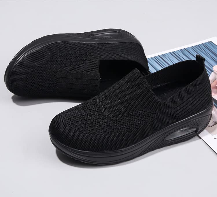 MUMMUG Womens Orthopedic Sneakers, Slip-On Air Cushion Platform Mesh Walking Sneaker (Black,7.5)