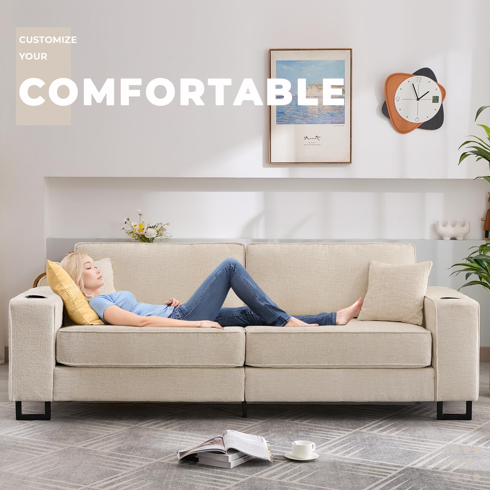 WOTSTA 91.3" Chenille Loveseat Sofa, Deep Seat Couch with Side Pockets & Cup Holders, Modern Sofa Couch with Square Armrest, Comfy Lounge Sofa for Living Room, Bedroom, Small Spaces (Beige)