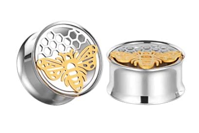 Pierced Republic Honey Bee & Comb Ear Gauges - Pair of Stainless Steel Flared Ear Plugs - 8 Size Options (00 Gauge (10mm))