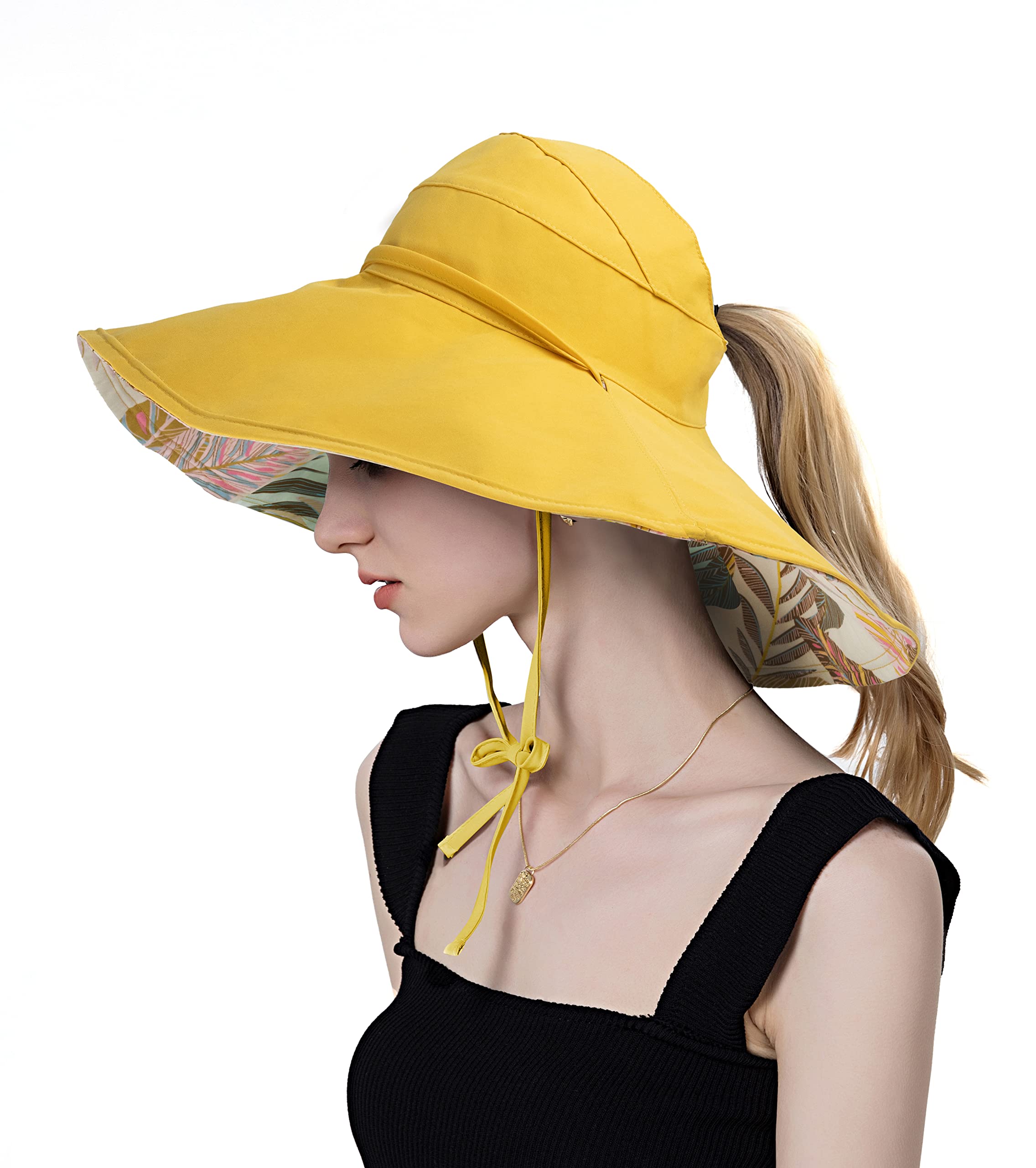 Koreshion Women Ponytail Sun Hat Reversible Fishing Hat Foldable Bowknot Summer Hat UPF 50+ Beach Cap Wide Brim Bucket Hat Yellow
