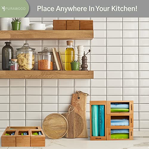 Purawood Ziplock Bag Storage Organizer - Natural Bamboo Organizer to Declutter Your Kitchen β Easy & Efficient Ziplock Bag Organizer - Baggie Holder Compatible with all Brands (4-Pack)