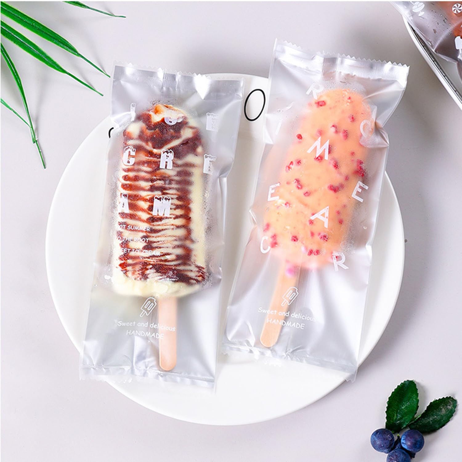 Popsicle Bags Ice Cream Bags 100 Pack -Clear Ice Pop Bags with Silver Bottom and Cool Words