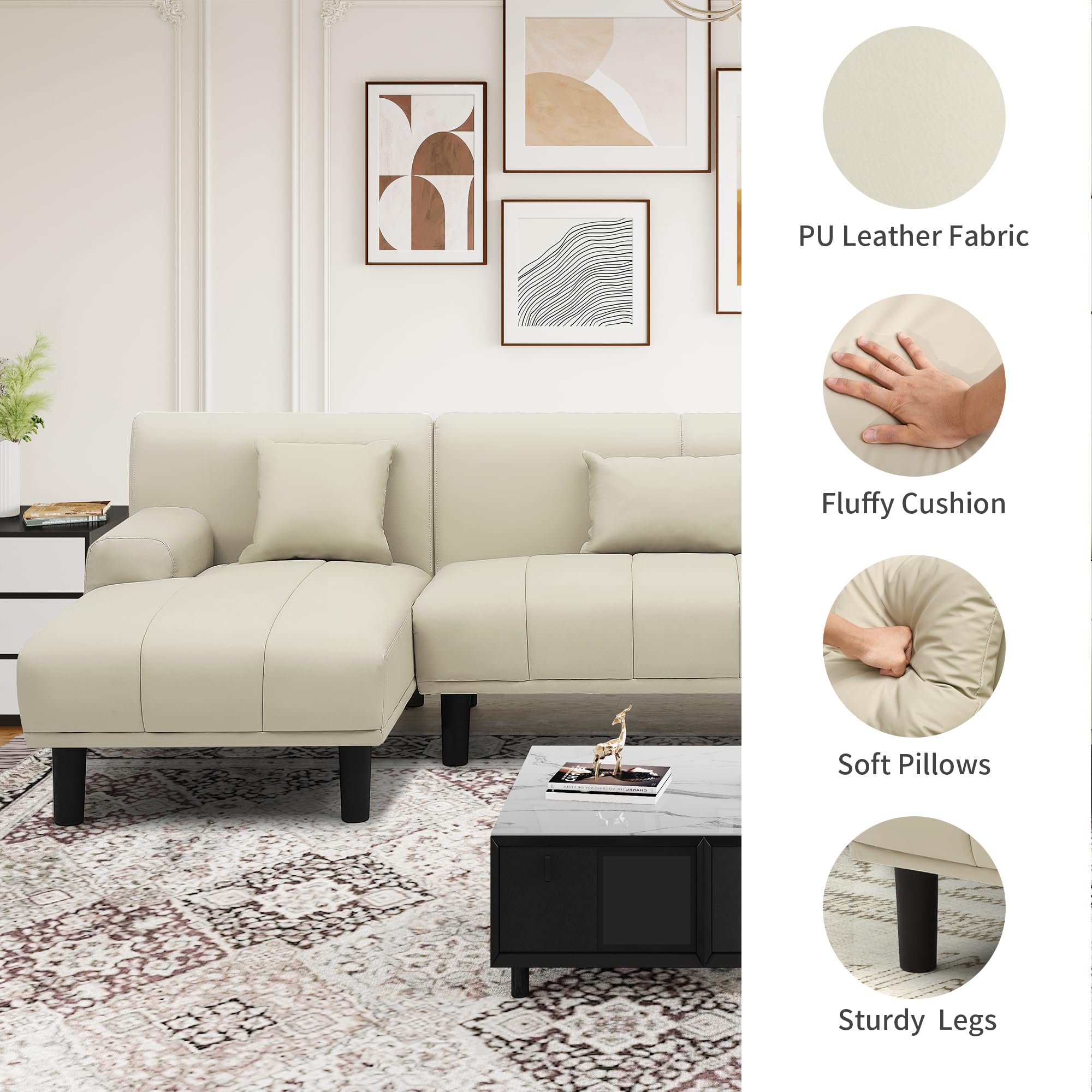 YITAHOMA Sectional Couches for Living Room, U Shaped Sofa Faux Leather Modern Modular Couch with USB & Type C Charging Ports Double Chaise and Comfy Upholstered, Beige