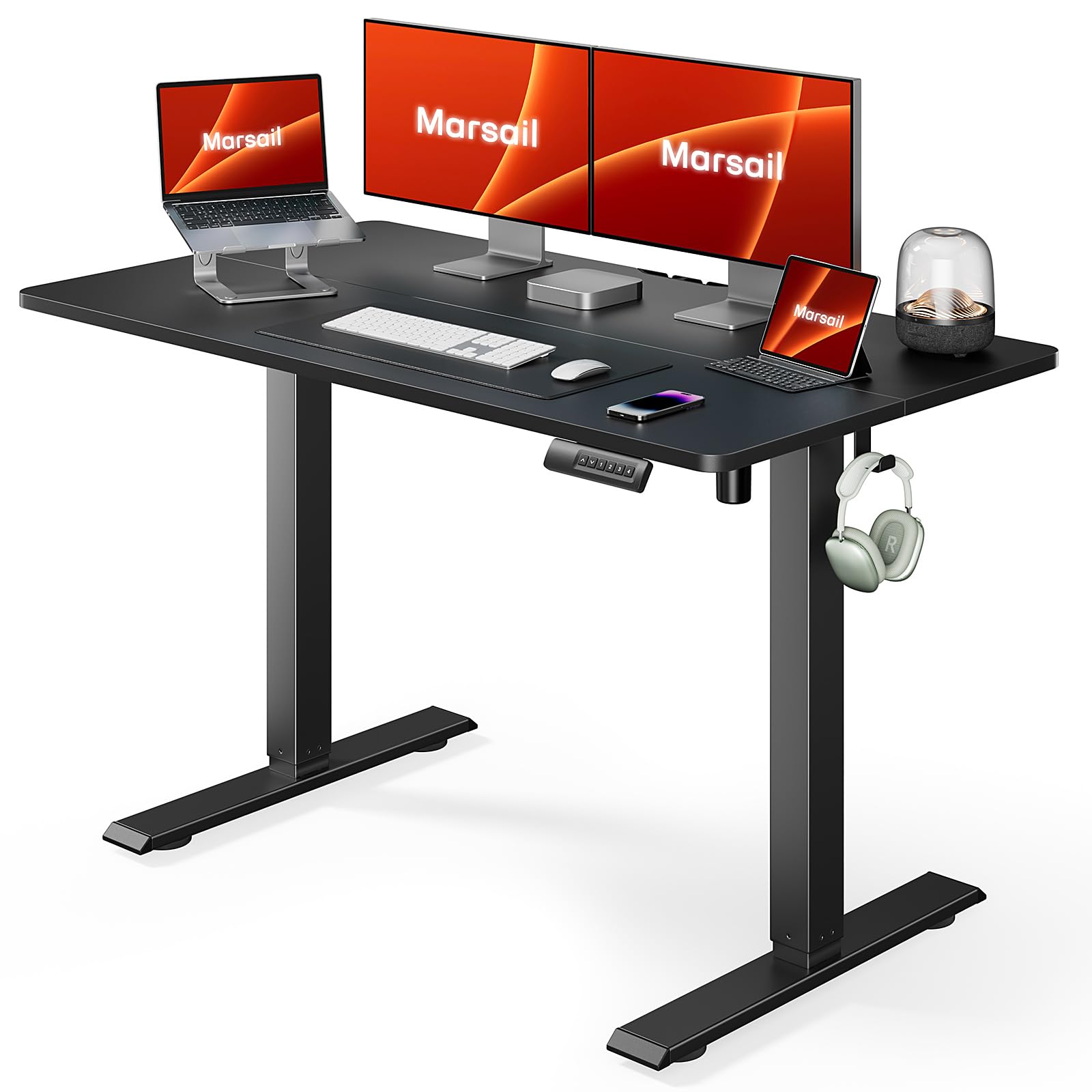 Marsail Electric Standing Desk Adjustable Height, 48 * 24 Inch Sit Stand up Desk for Home Office Furniture Computer Desk with 3 Memory Presets, Headphone Hook