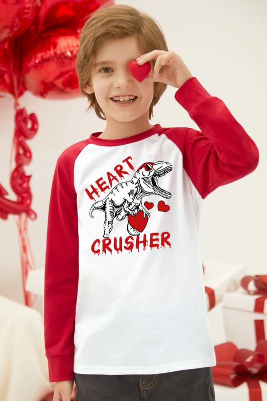 Valentine's Day Toddler Boys Girls White Dinosaur Heart Crusher Top Raglan Long Sleeve Shirt 1-2 Years