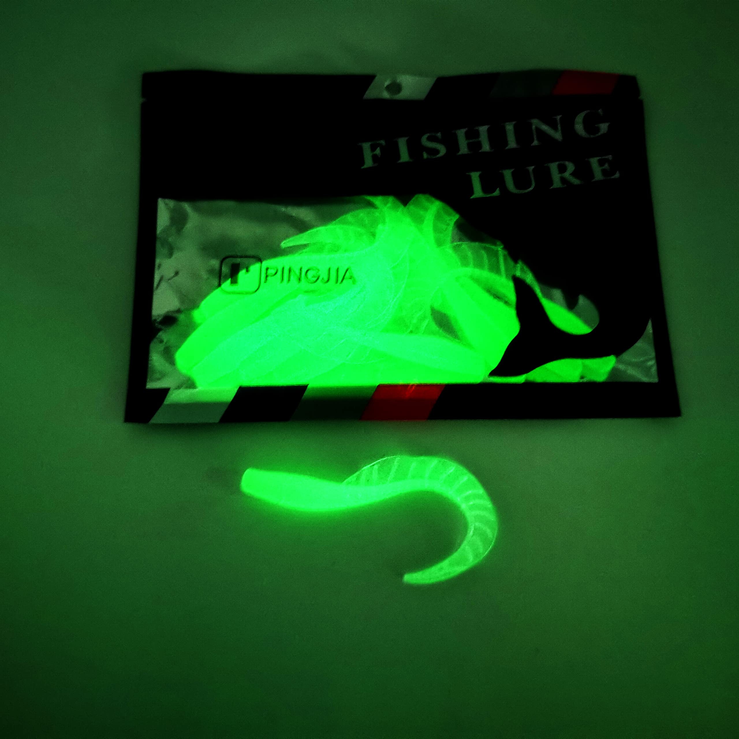 PINGJIA LYJE28, 7.5cm/2.95in, Grubs Fishing Lure, Soft Baits, Glow-in-The-Dark T-Tail, Grub Lure(Luminous Green)