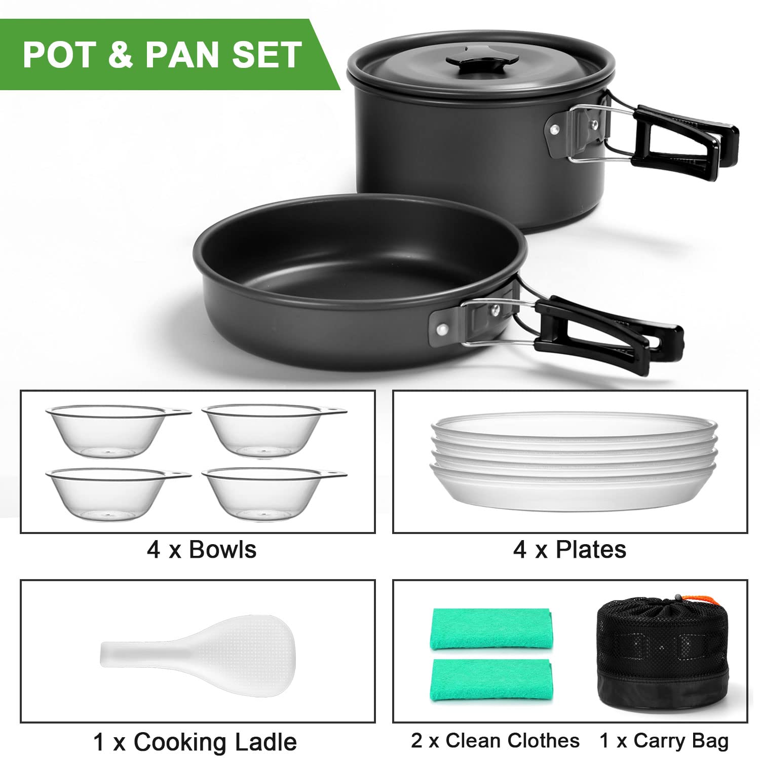 Odoland 14pcs Camping Cookware Mess Kit, Camping Cooking Set, Portable Nonstick Camp Pots and Pans Set with Plates Bowls for Outdoor Camping, Picnic, Hiking, Backpacking