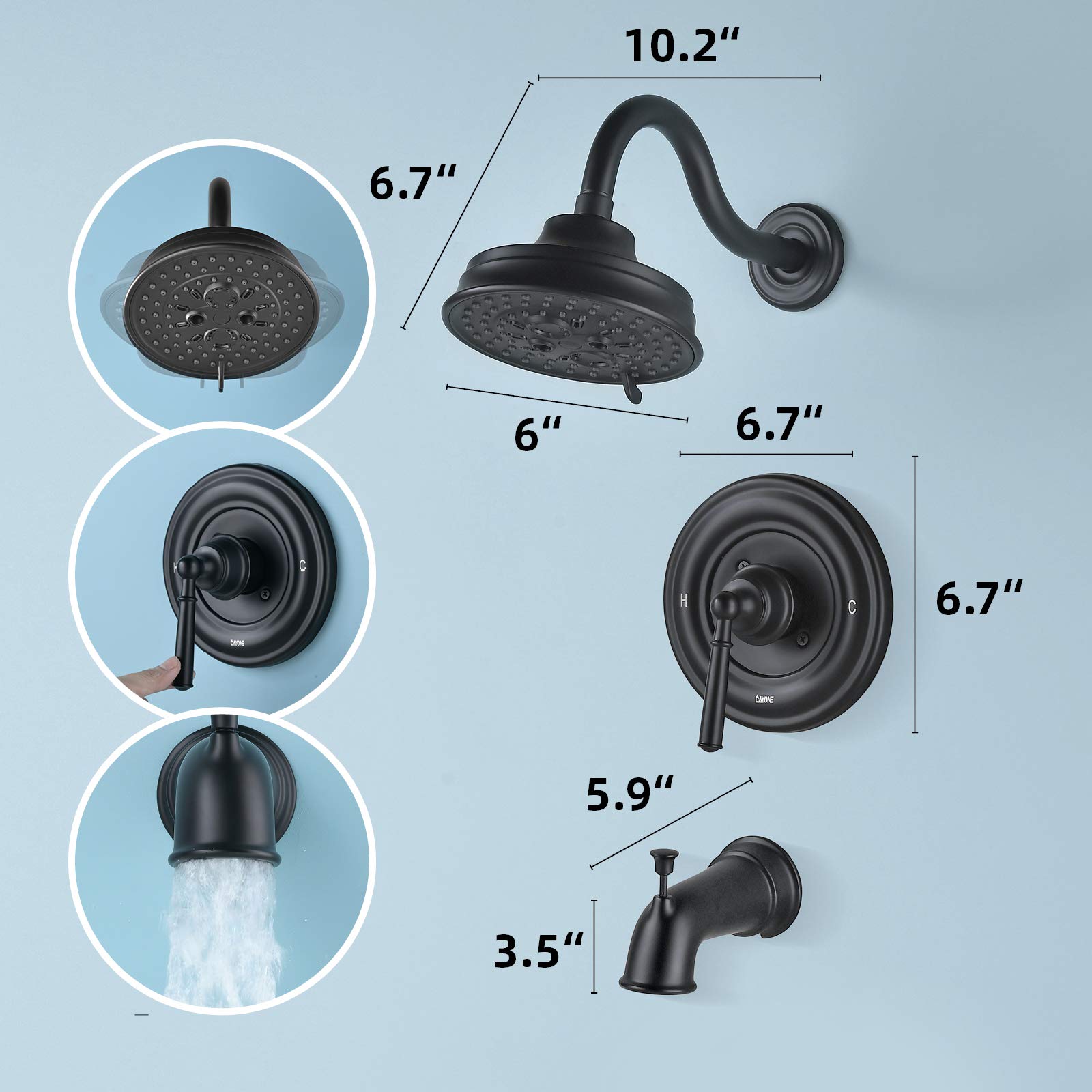 Matte Black Bathroom Shower Faucet Set Combo with Tub Spout & Valve, DAYONE Rainfall Shower System with 7-Function Spray Head High Pressure, Single Handle Bathroom Shower Trim Kit Wall Mount,DAY141MB