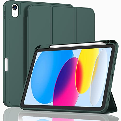 ZryXal New iPad 10th Generation Case 10.9 Inch 2022 with Pencil Holder, Smart iPad Case with Soft TPU Back [Support Auto Wake/Sleep] (Midnight Green)