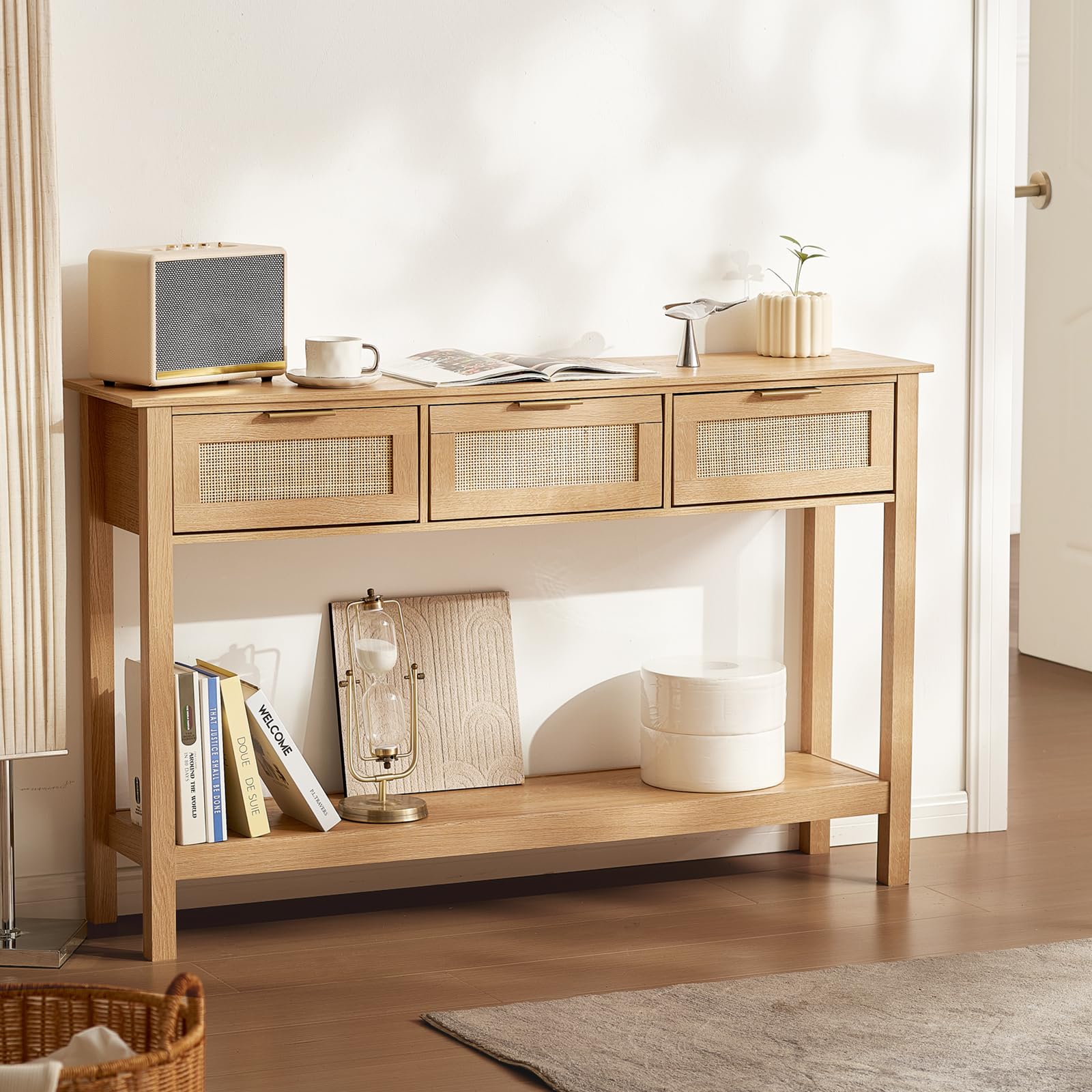 VEVOR Rattan Console Table with 3 Storage Drawers, Rattan Entryway Table with Natural Rattan Sliding Door, Console Sofa Table for Living Room, Study, Entryway Or TV Wall, Natural