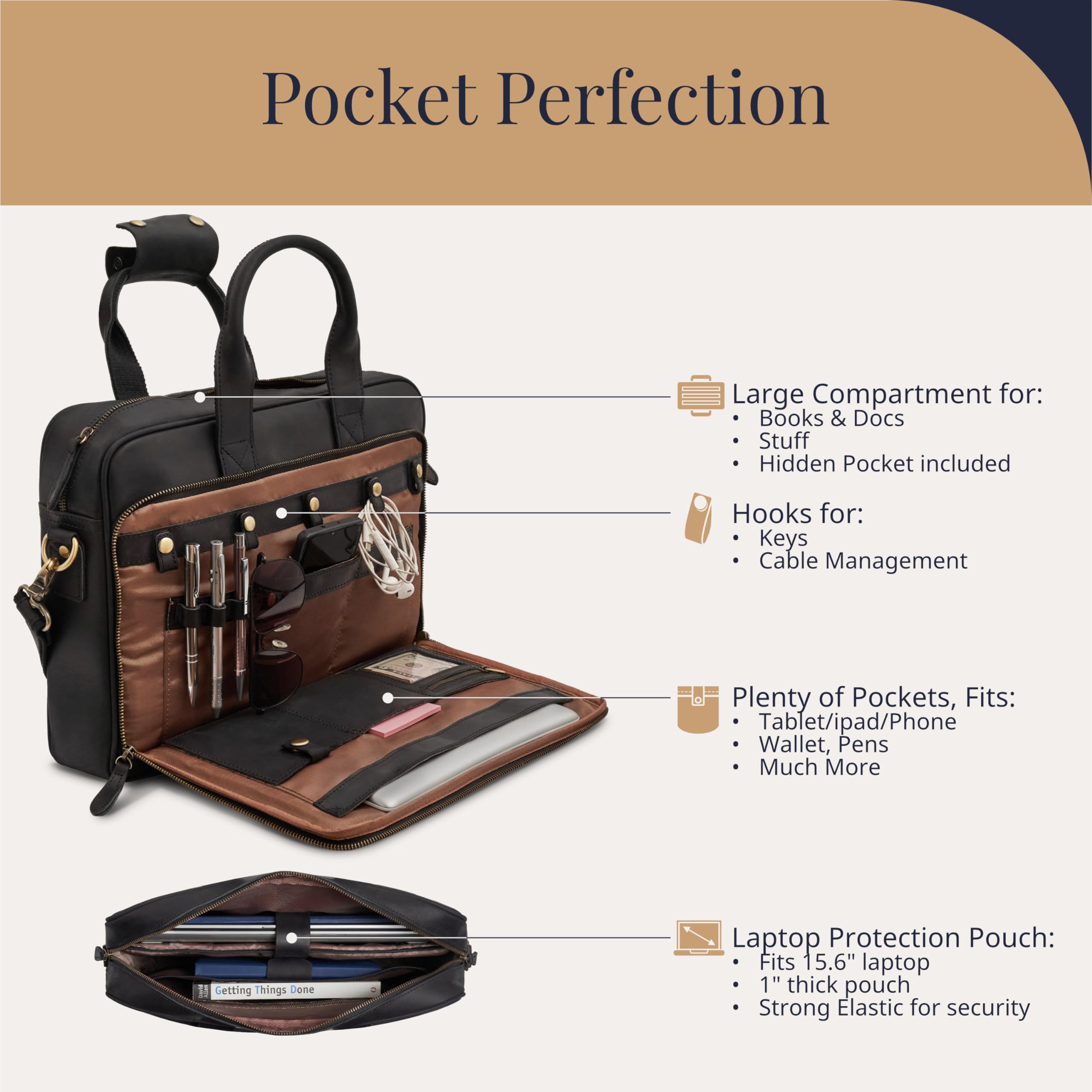 Luxorro Full-Grain Leather Briefcases for Men, Fits 15.6" Laptops, Black Leather Laptop Bag For Men, Leather Laptop Briefcase For Men, Mens Briefcase, Leather Bag For Men, Leather Computer Bag For Men