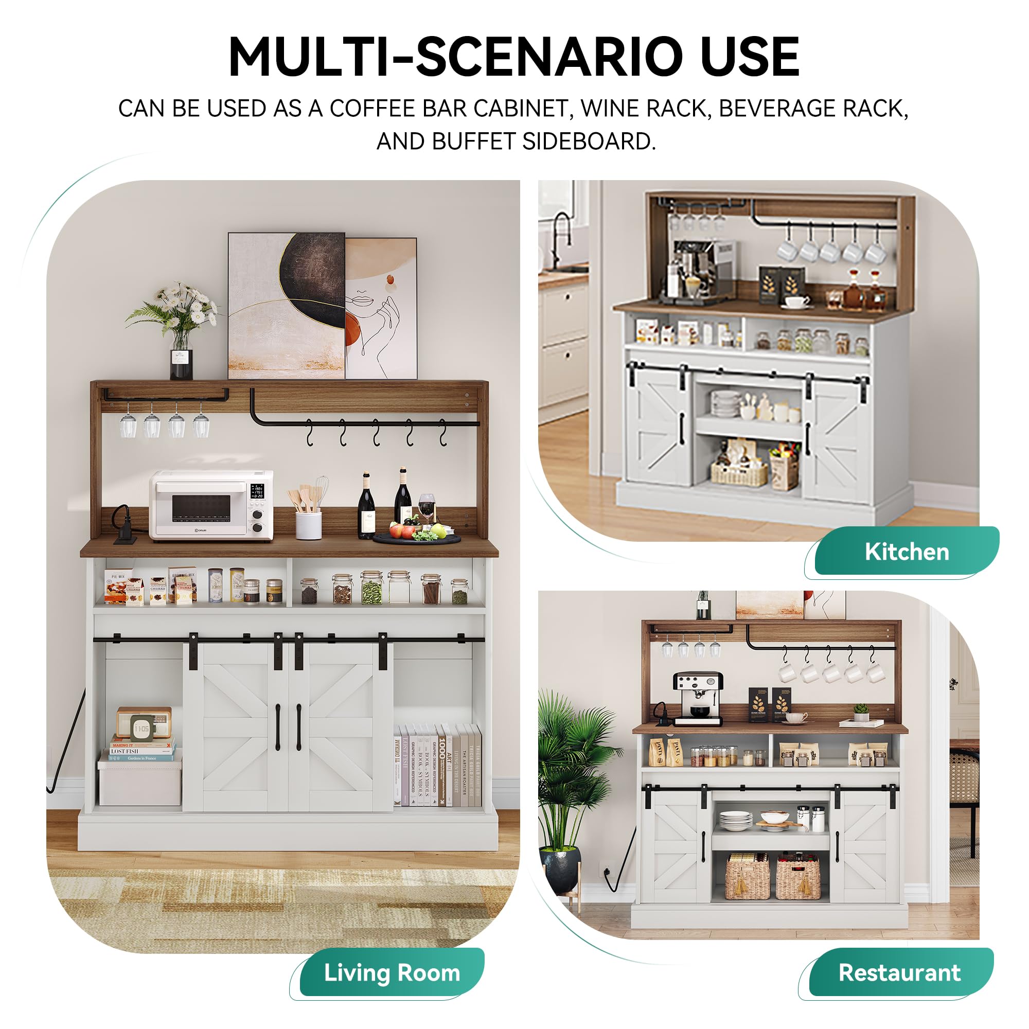 YITAHOME 47" Farmhouse Buffet Cabinets with Sliding Barn Door, Coffee Bar with Goblet Holder & Power Outlet, Sideboard Buffet Cabinets with Storage for Kitchen, Living Room (White)