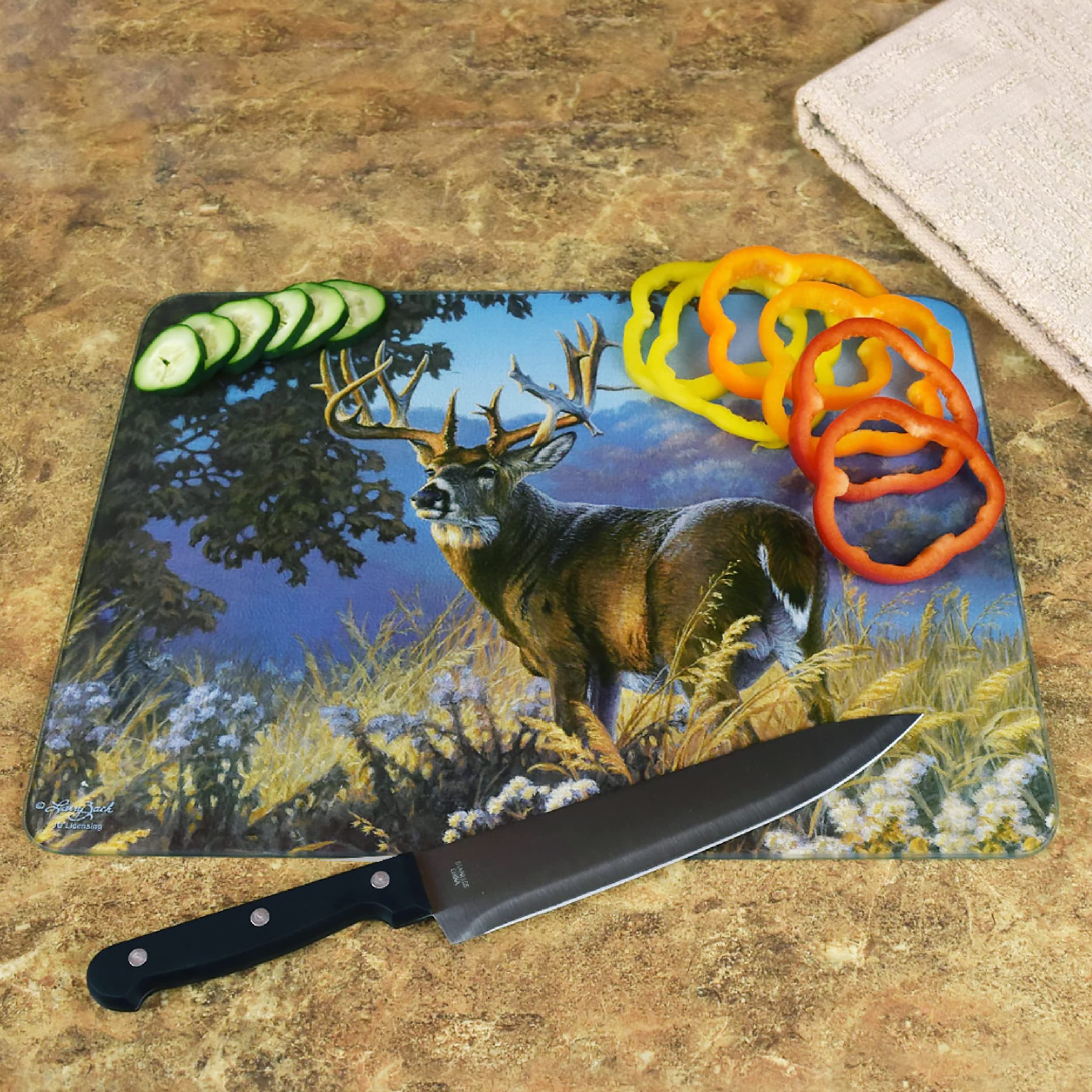 Rivers Edge Products Large 12in x 16in Decorative Tempered Glass Cutting Board, Hypoallergenic, Non Slip, Textured Surface Chopping Board for Kitchen, White Tail Deer, Deer