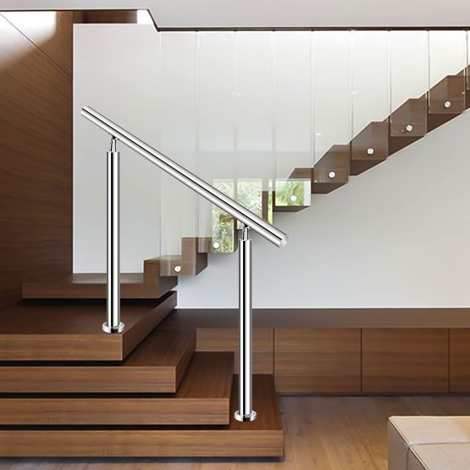 Migoda Stainless Steel Handrail 55’’x34’’ Inch, Silver Stair Handrail 551Lbs Load, Angle Adjustable Hand Rails for Outdoor Steps, Stair Rail Fits 4-5 Steps with Complete Screw Kit
