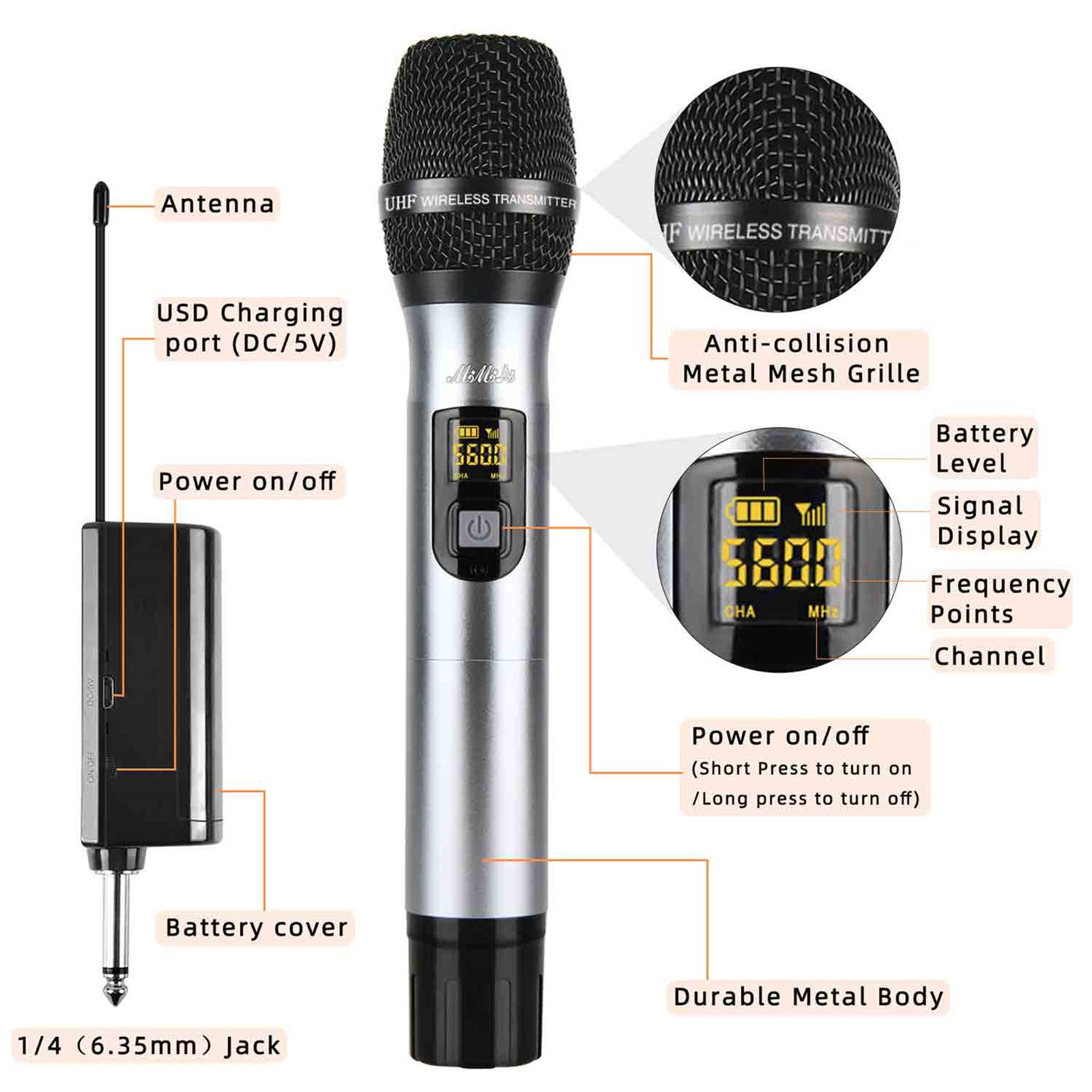 MIMIDI Wireless Microphone - Dual Handheld UHF Portable Dynamic System with Rechargeable Receiver, Karaoke Mic for Singing Machine,PA,Speaker,Party,Church,Meeting,260ft (Silver+Red)