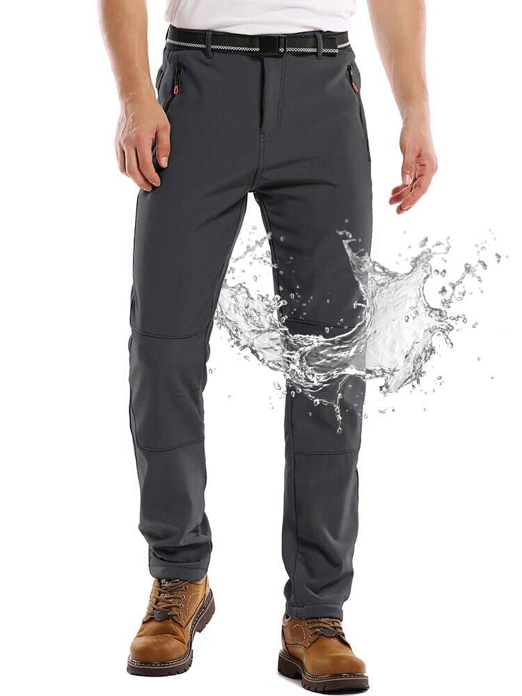 linlon Men's Snow Ski Waterproof Fleece Lined Pants Outdoor Hiking Insulated Softshell with Belt (Grey, 30)