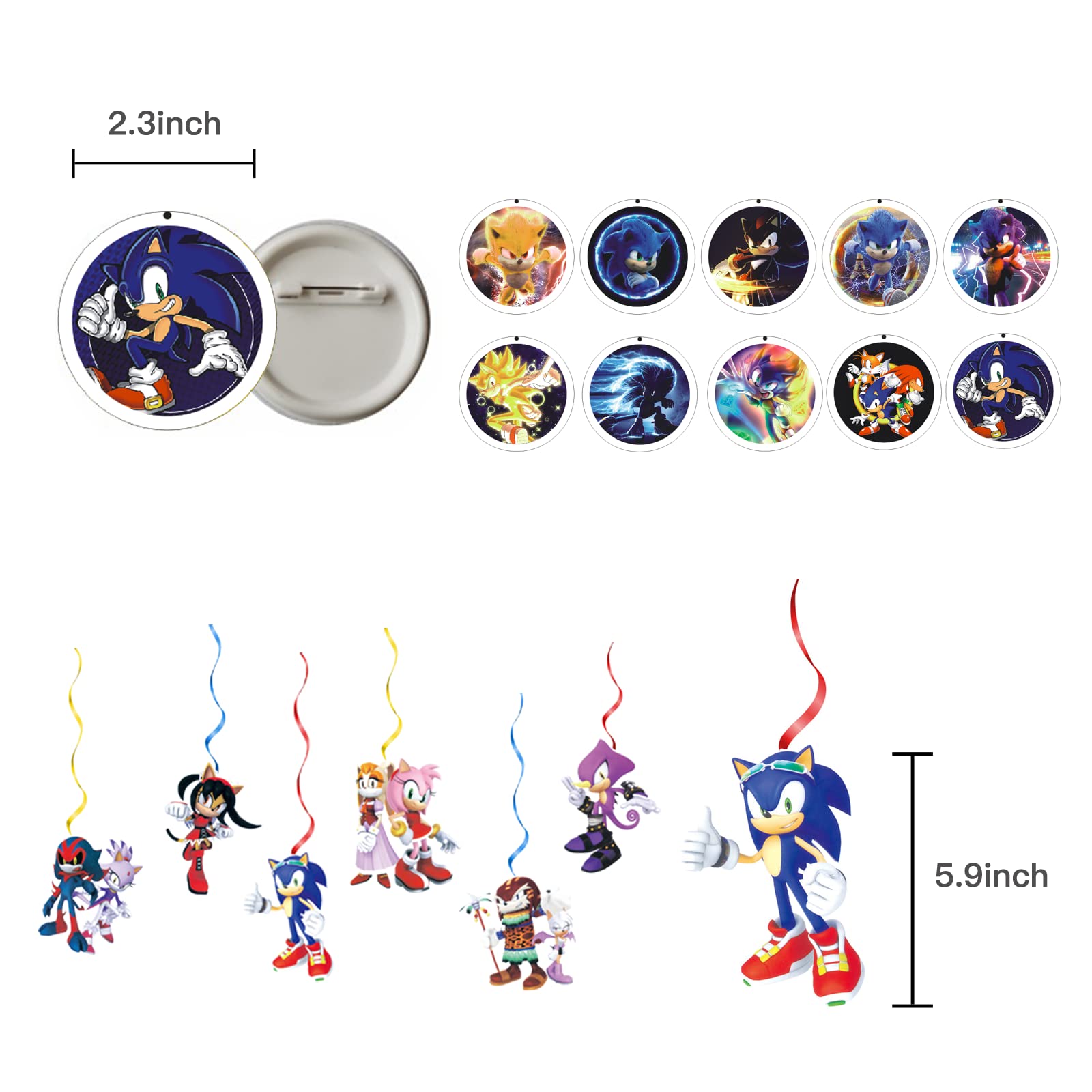 Sonic Birthday Party Supplies Party Decorations Party Favors Gift Set Include Backdrop,Bracelets,Key Chain,Button Pins,Banner, Balloons, Cake Cupcake Toppers