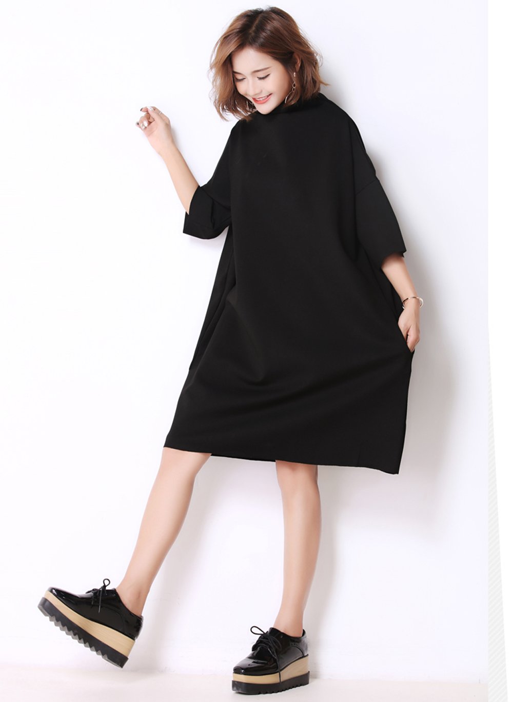 LAI MENG FIVE CATS Women's Casual 3/4 Sleeve Turtleneck Oversized Loose Sweatshirt Pullover Top ONE Size Black