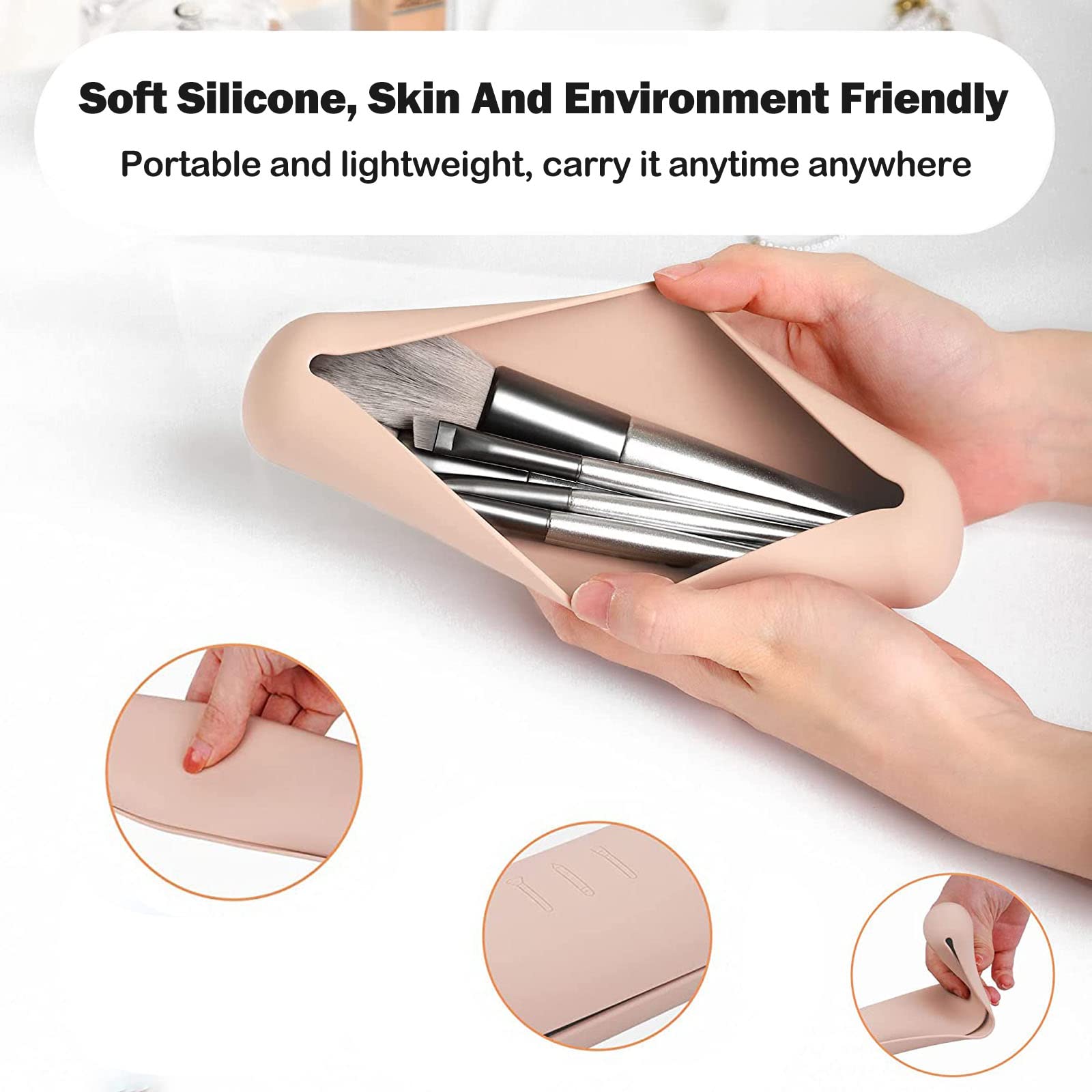 Travel Makeup Brush Holder, Silicone Trendy and Portable Cosmetic Face Brushes Holder, Soft and Sleek Makeup Tools Organizer for Travel, Waterproof Dustproof (Khaki)