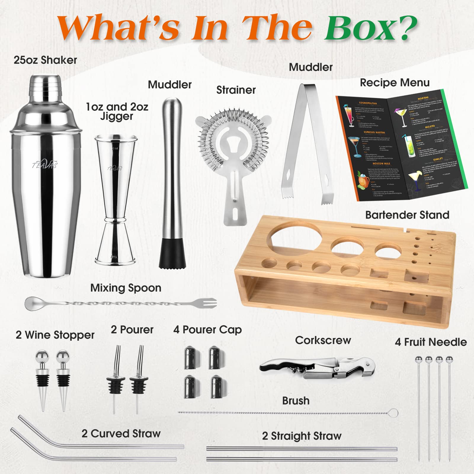 Teavas Bartender Traveling Backpack and mixology Bartender Tool Kits with Bamboo Stand | 25 Pieces of Cocktail Shaker Set with Recipe menu | Barware Present Gift