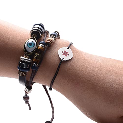 LinnaLove Medical Alert Bracelet for Women Adjustable Handmade Cord Medical ID bracelets with personalized Customize engraved-Black