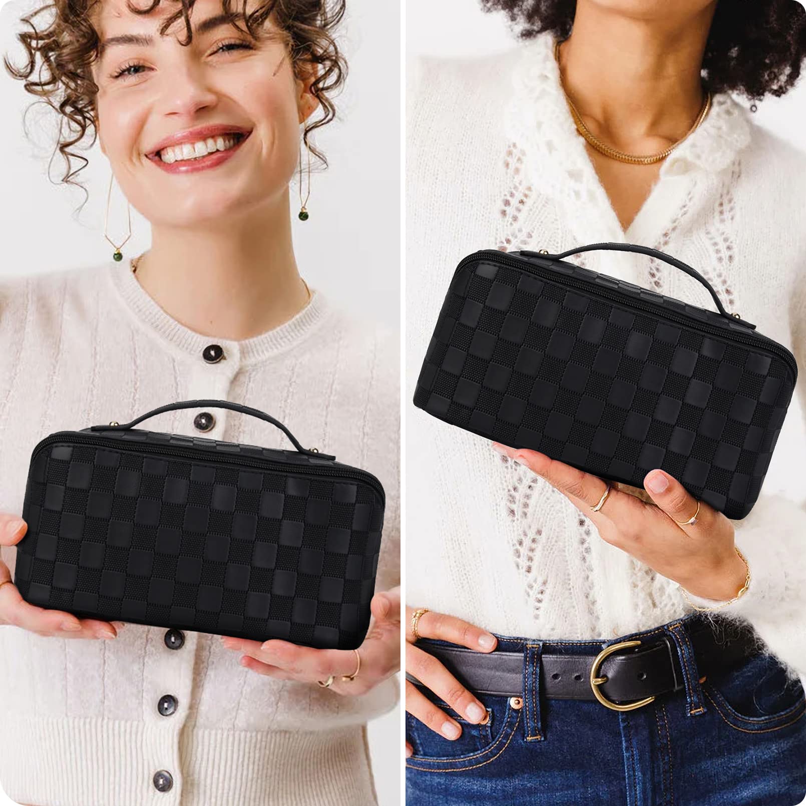 Travel Makeup Bag for Women Large Capacity Cosmetic Bag Waterproof Black Checkered Portable PU Leather Toiletry Bag Organizer Makeup Brushes Storage Bag with Dividers and Handle