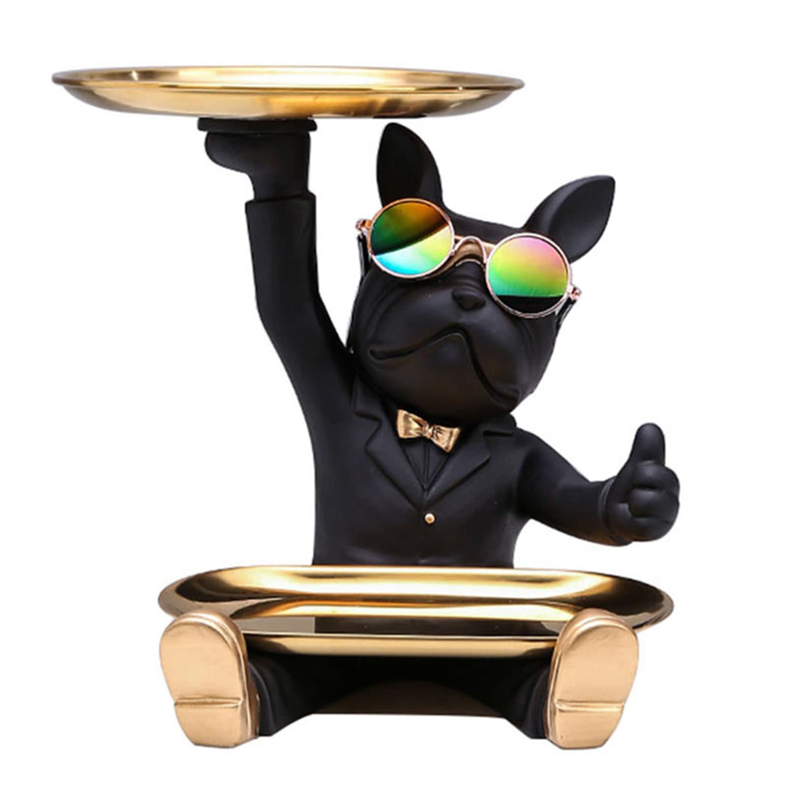 NUACOS Resin Bulldog Tray Statue Animal Sculpture Tray Storage Key Holder Candy Jewelry Earrings Tray Suitable Desk Storage for Home, Living Room, Office, Shop, Table Decoration (Black)