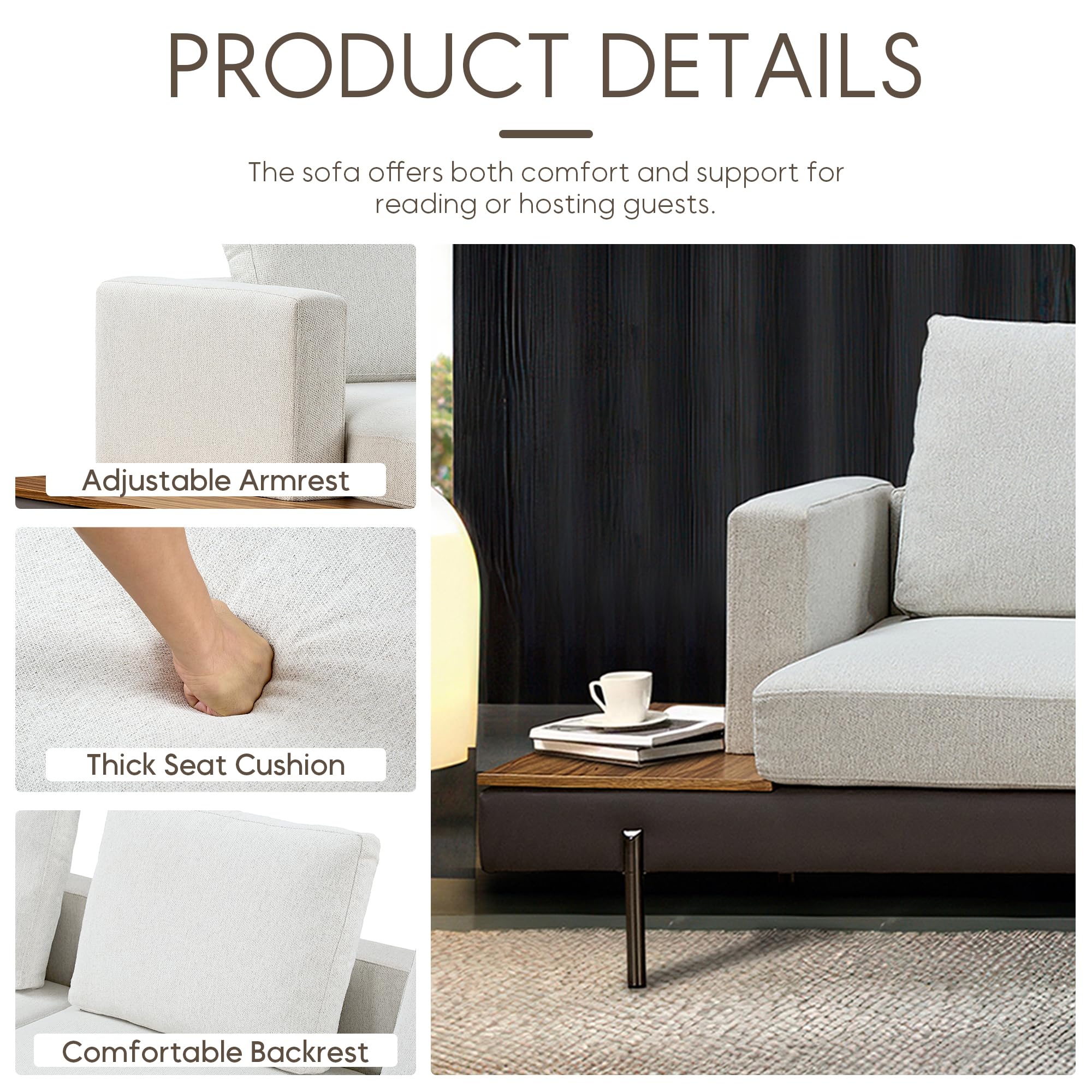 Yogald 4 Seat Modular Sectional Sofa, Minimalist Cloud Couch with Metal Feet, Adjustable Armrest, and 3 Pillows, for Living Room, Office, or Sunroom(Off White)