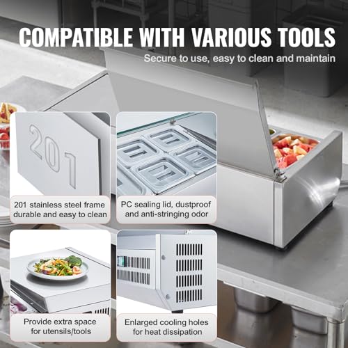 VEVOR, 135 W Countertop Refrigerated Condiment Station, with 2 1/3 4 1/6 Pans, 304 Body and PC Lid, Sandwich Prep Table Guard, ETL, Stainless 48in, Silver